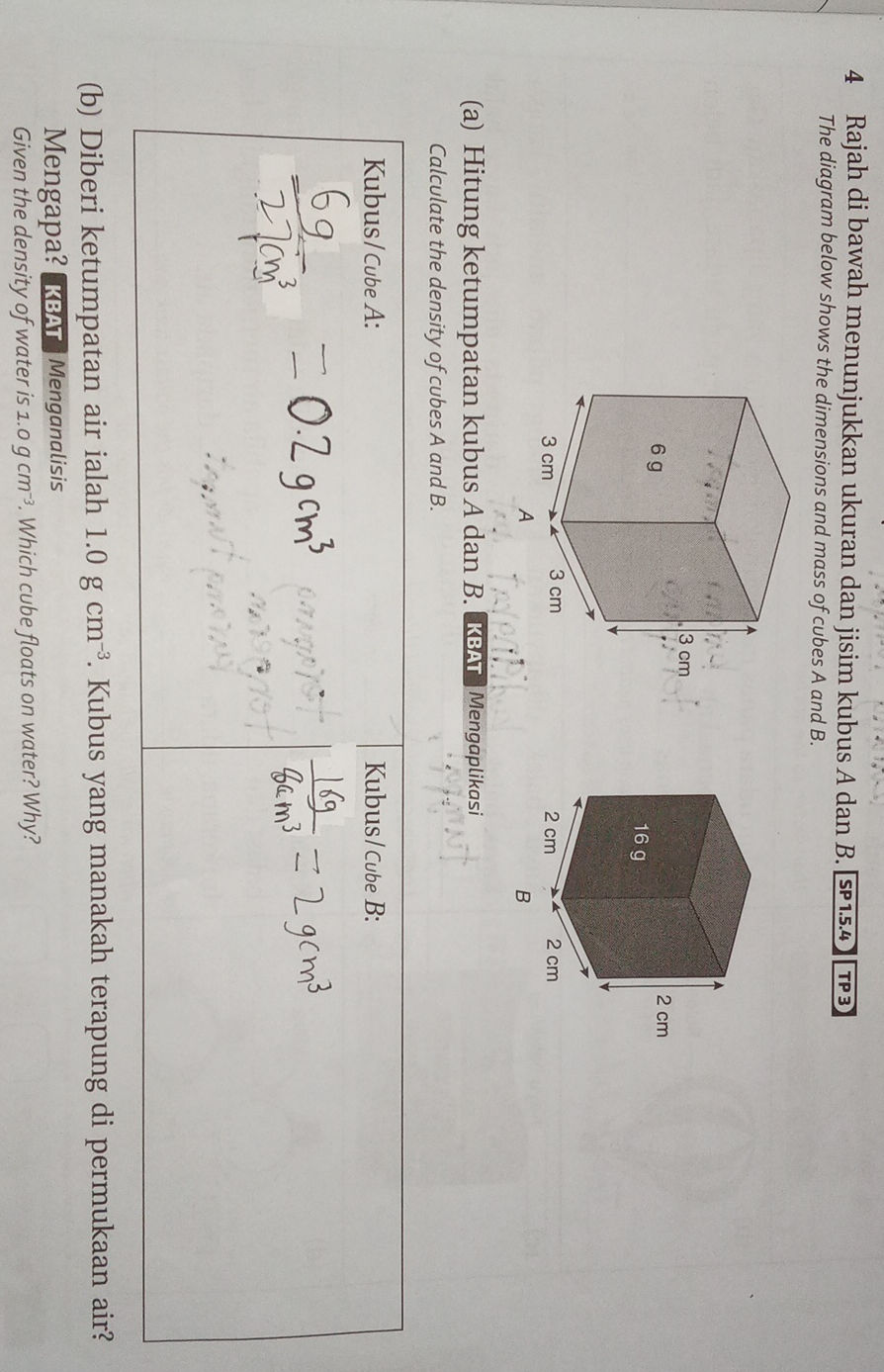(a) Hitung ketumpatan kubus A dan B. | StudyX