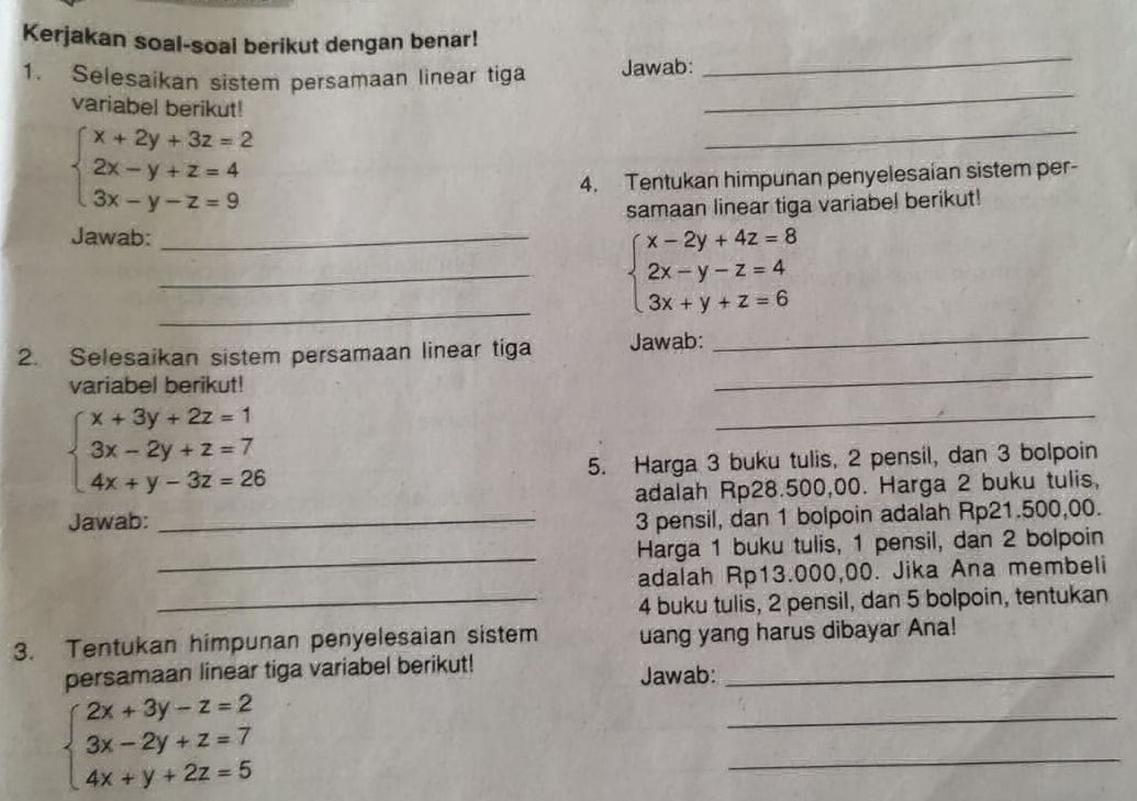 1. Selesaikan sistem persamaan linear tiga | StudyX
