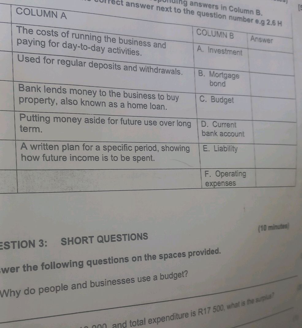 Match the descriptions in Column A with the | StudyX