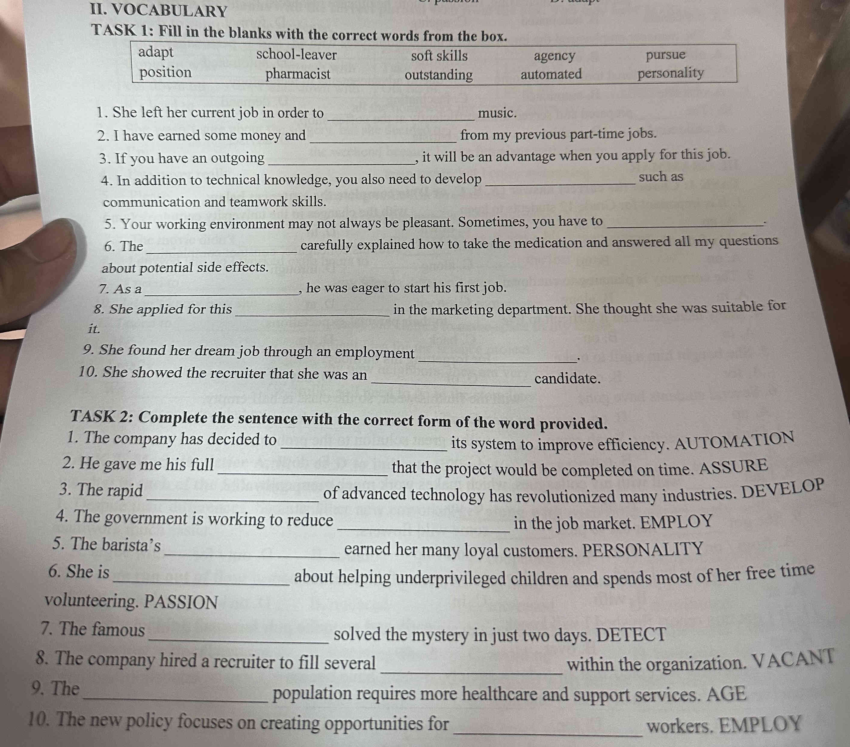 II. VOCABULARY TASK 1: Fill in the blanks | StudyX
