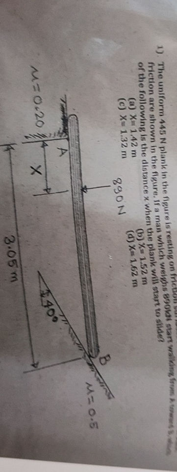 1) The uniform 445 N plank in the figure is | StudyX