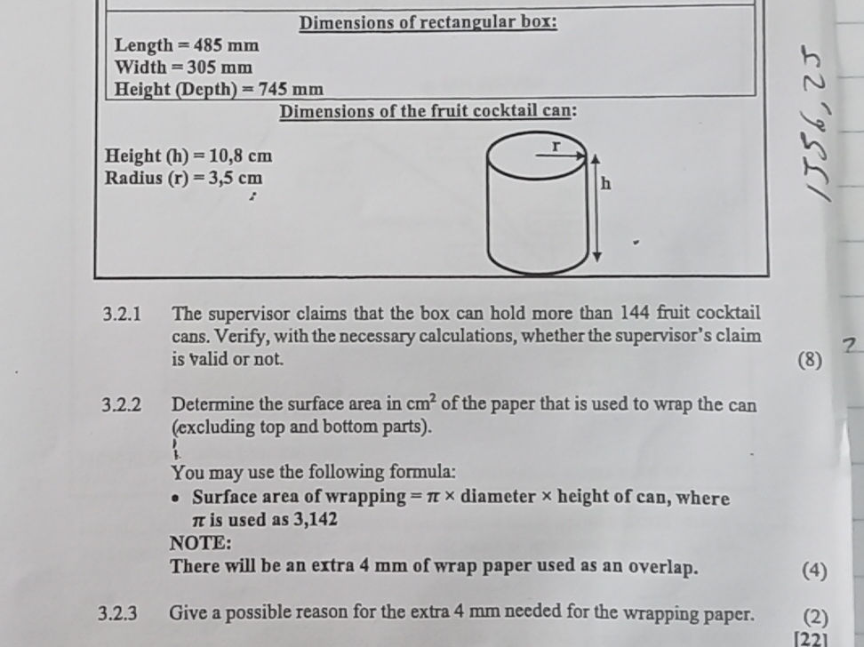 Dimensions of rectangular box: Length = 485 | StudyX
