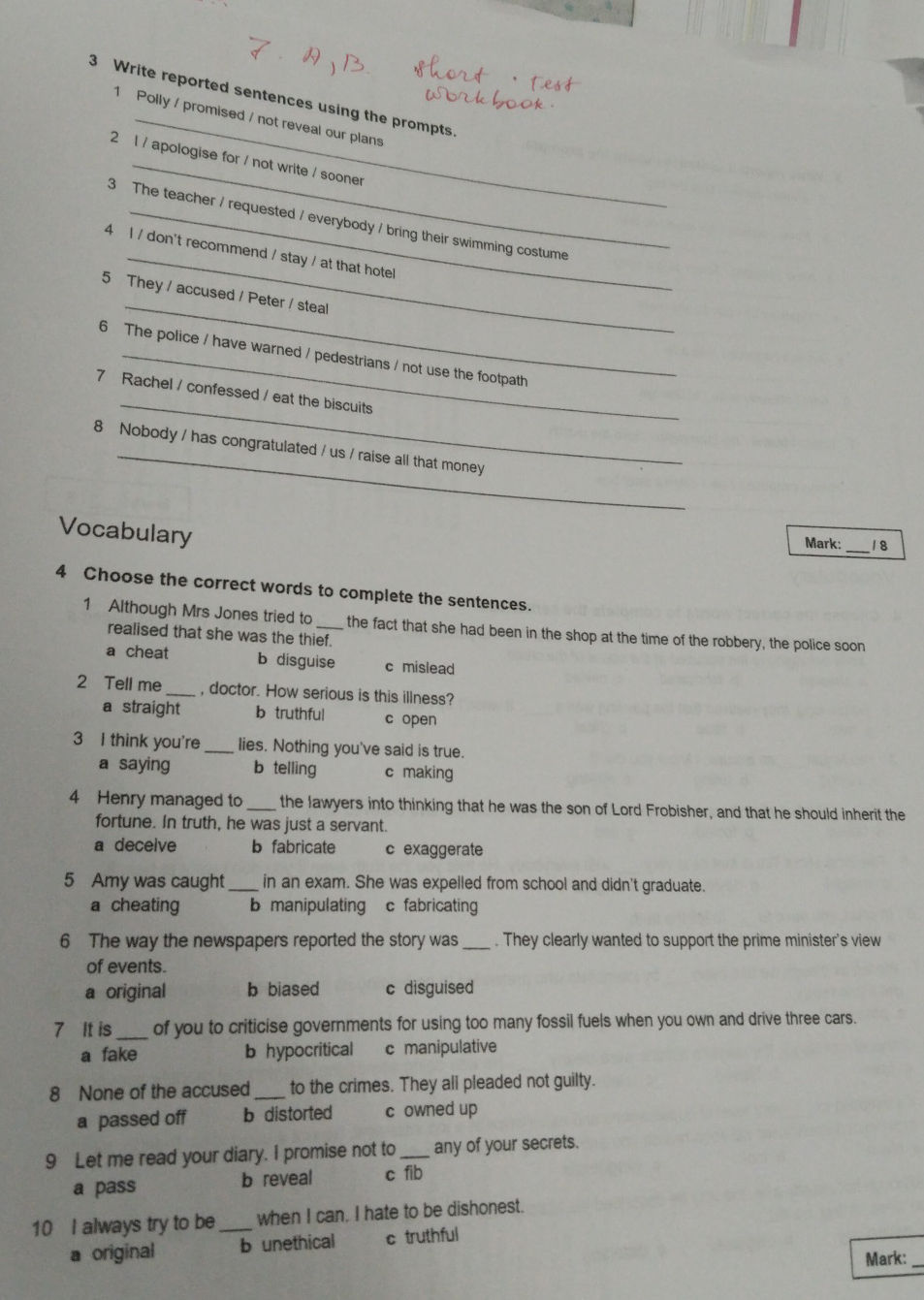 3 Write reported sentences using the | StudyX