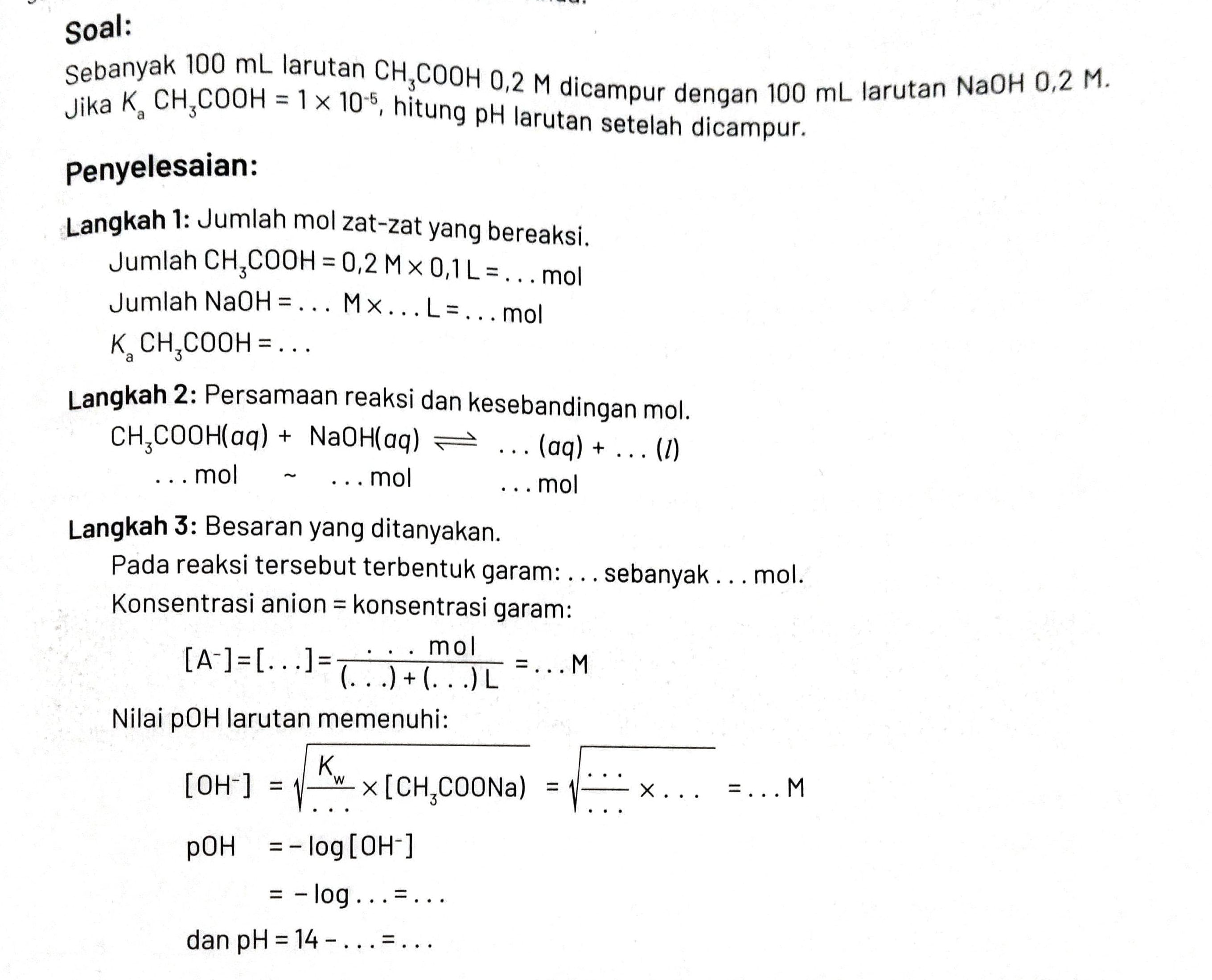 Soal: Sebanyak 100 mL larutan CH₃COOH 0,2 M | StudyX