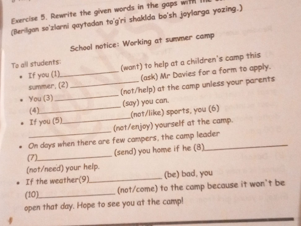 Exercise 5. Rewrite the given words in the | StudyX