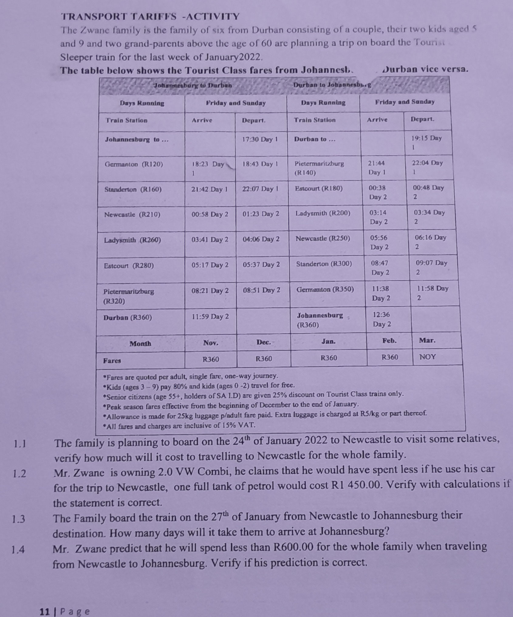 The table below shows the Tourist Class | StudyX