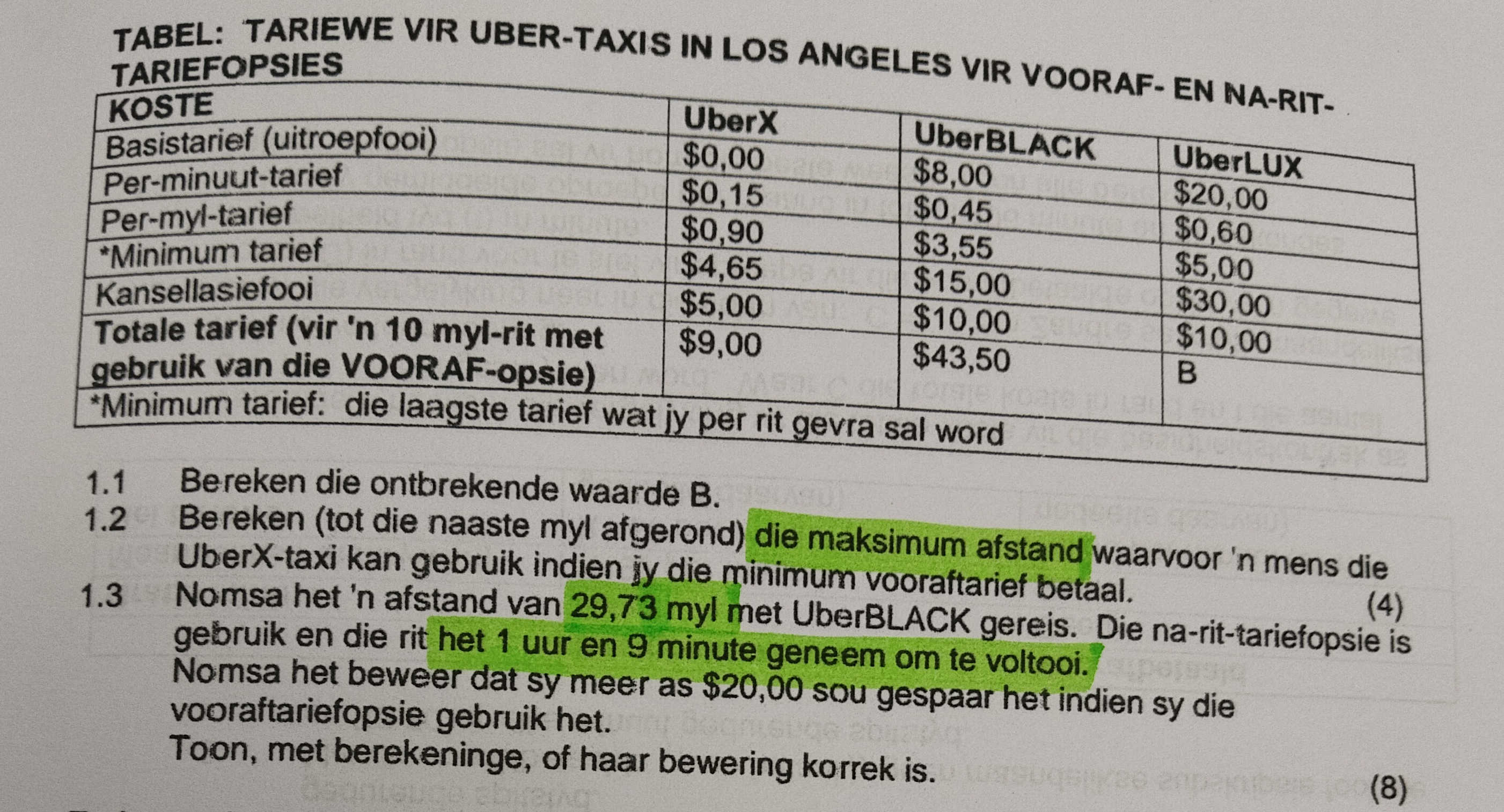 TABEL: TARIEWE VIR UBER-TAXIS IN LOS ANGELES | StudyX