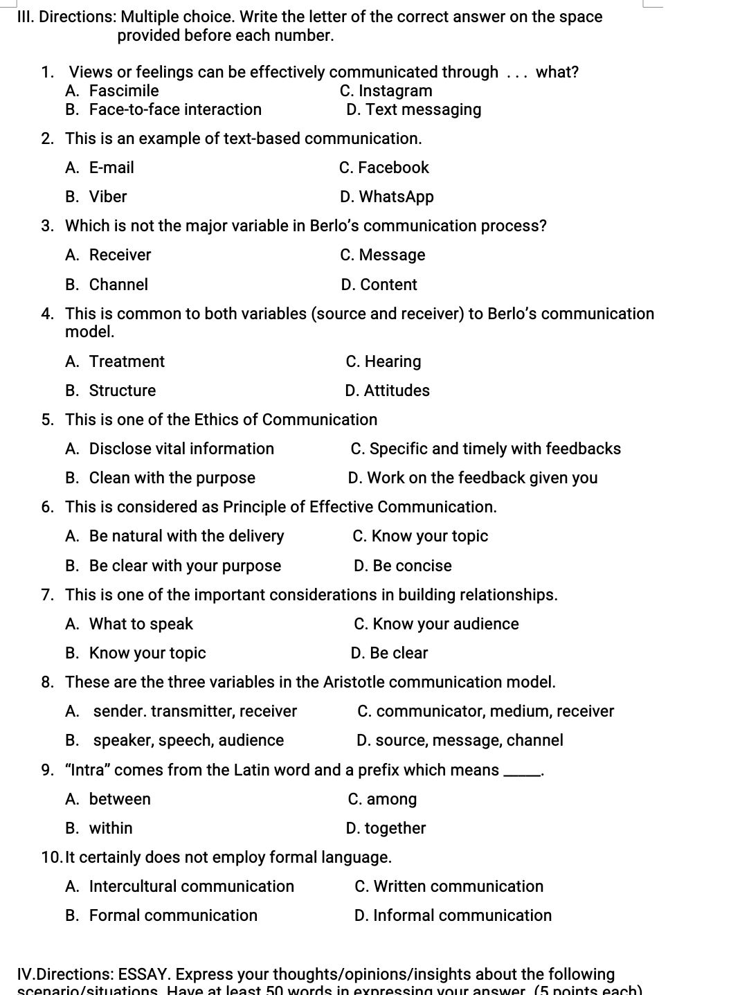 III. Directions: Multiple choice. Write the | StudyX