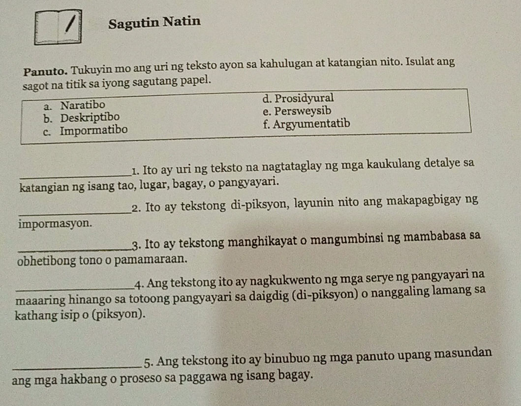 Panuto. Tukuyin mo ang uri ng teksto ayon sa | StudyX