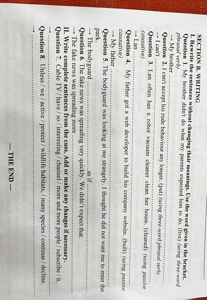 SECTION B. WRITING I. Rewrite the sentences | StudyX