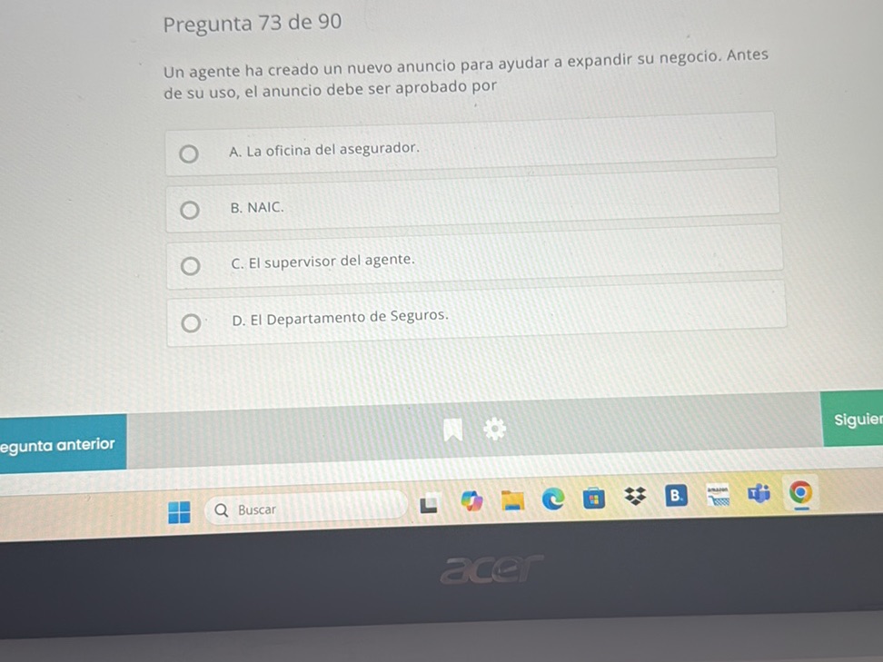 Pregunta 73 de 90 Un agente ha creado un | StudyX