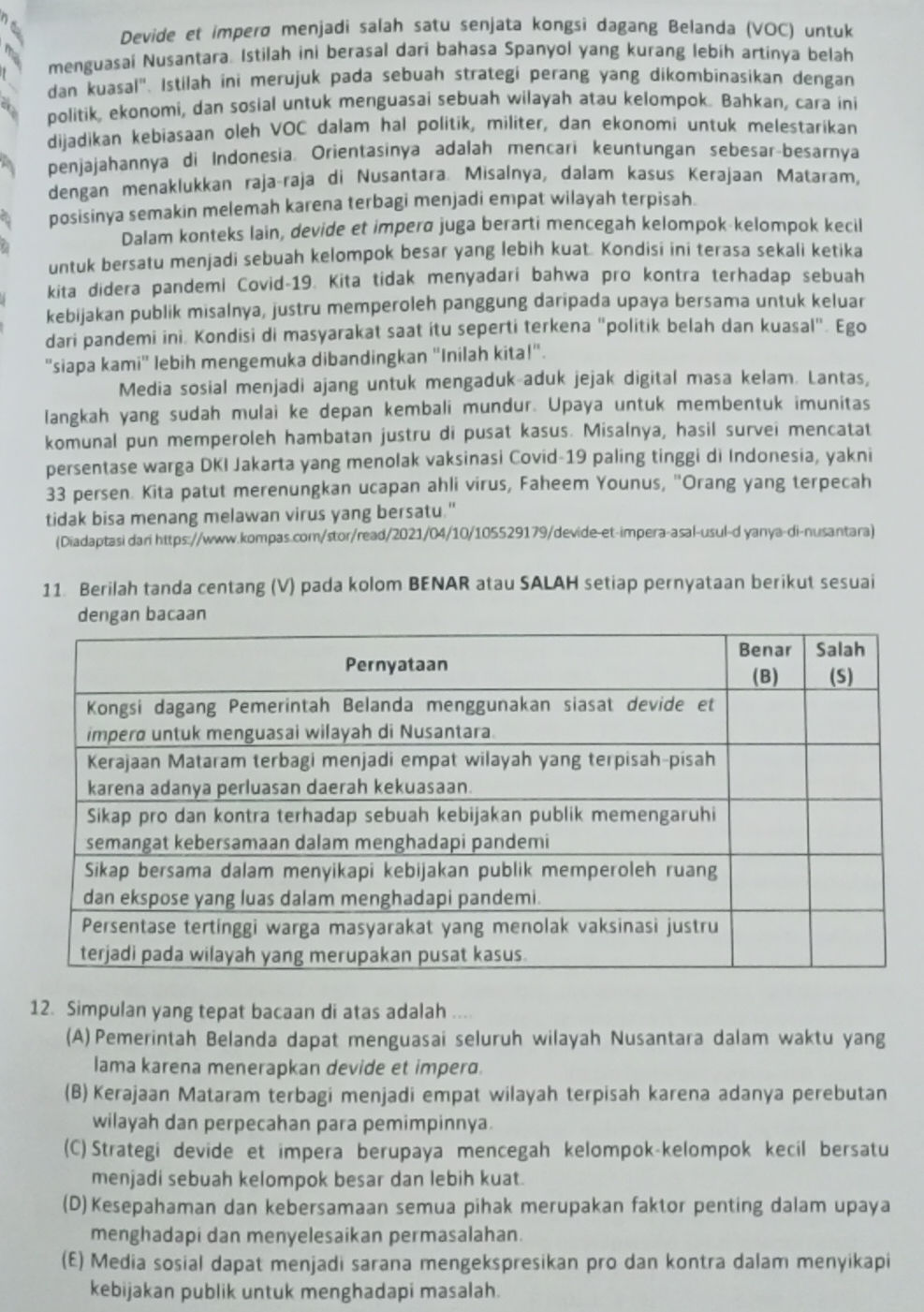 11. Berilah tanda centang (V) pada kolom | StudyX
