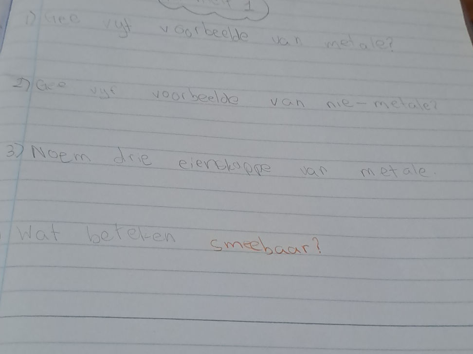 1) Gee vyf voorbeelde van metale? 2) Gee | StudyX