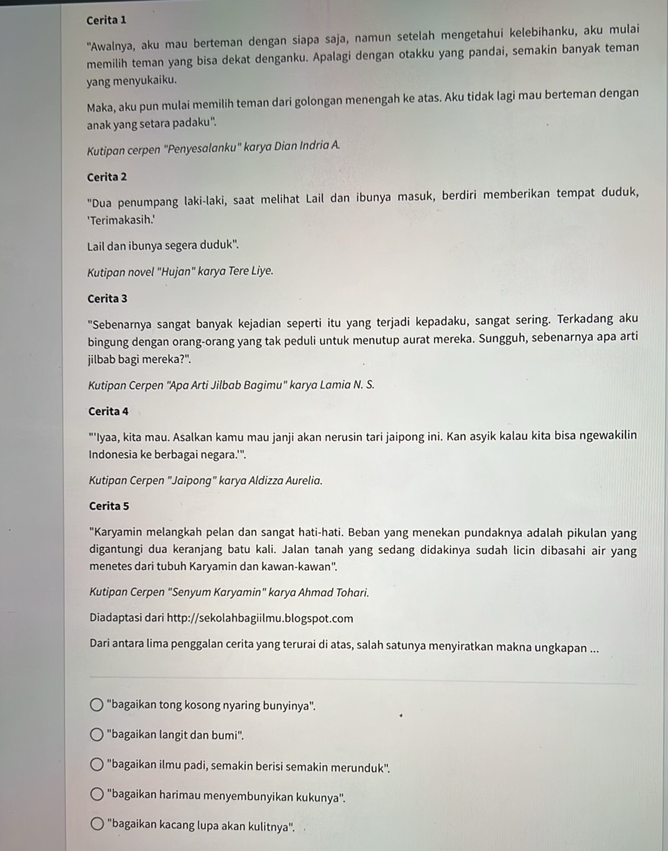 Dari antara lima penggalan cerita yang | StudyX