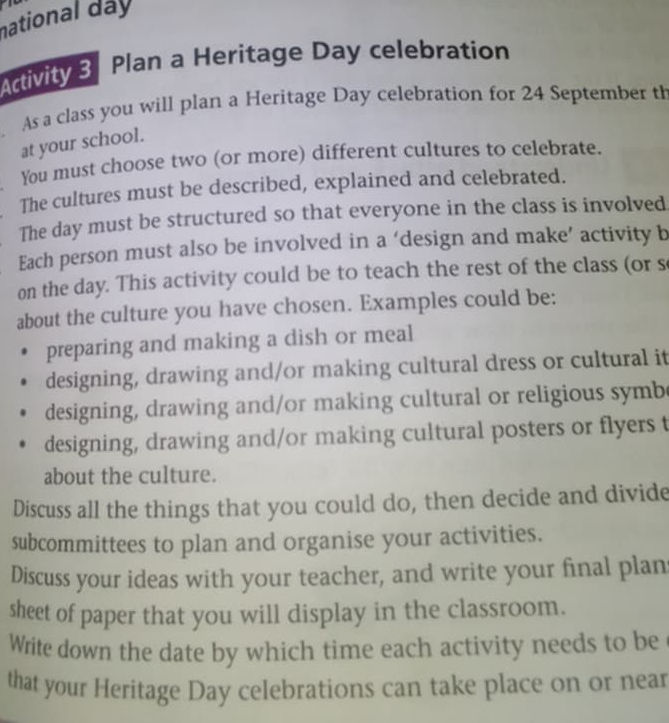 Activity 3 Plan a Heritage Day celebration | StudyX