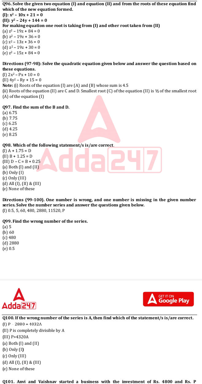 Q96. Solve the given two equation (I) and | StudyX