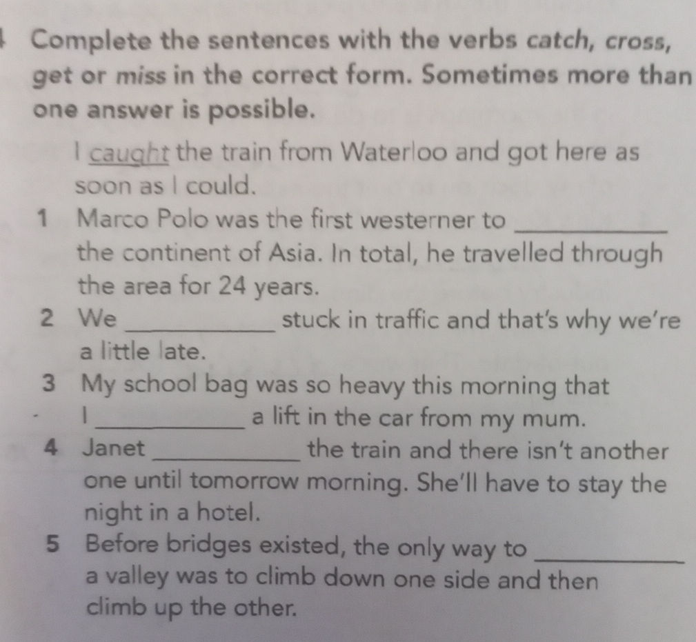 Complete the sentences with the verbs catch, | StudyX