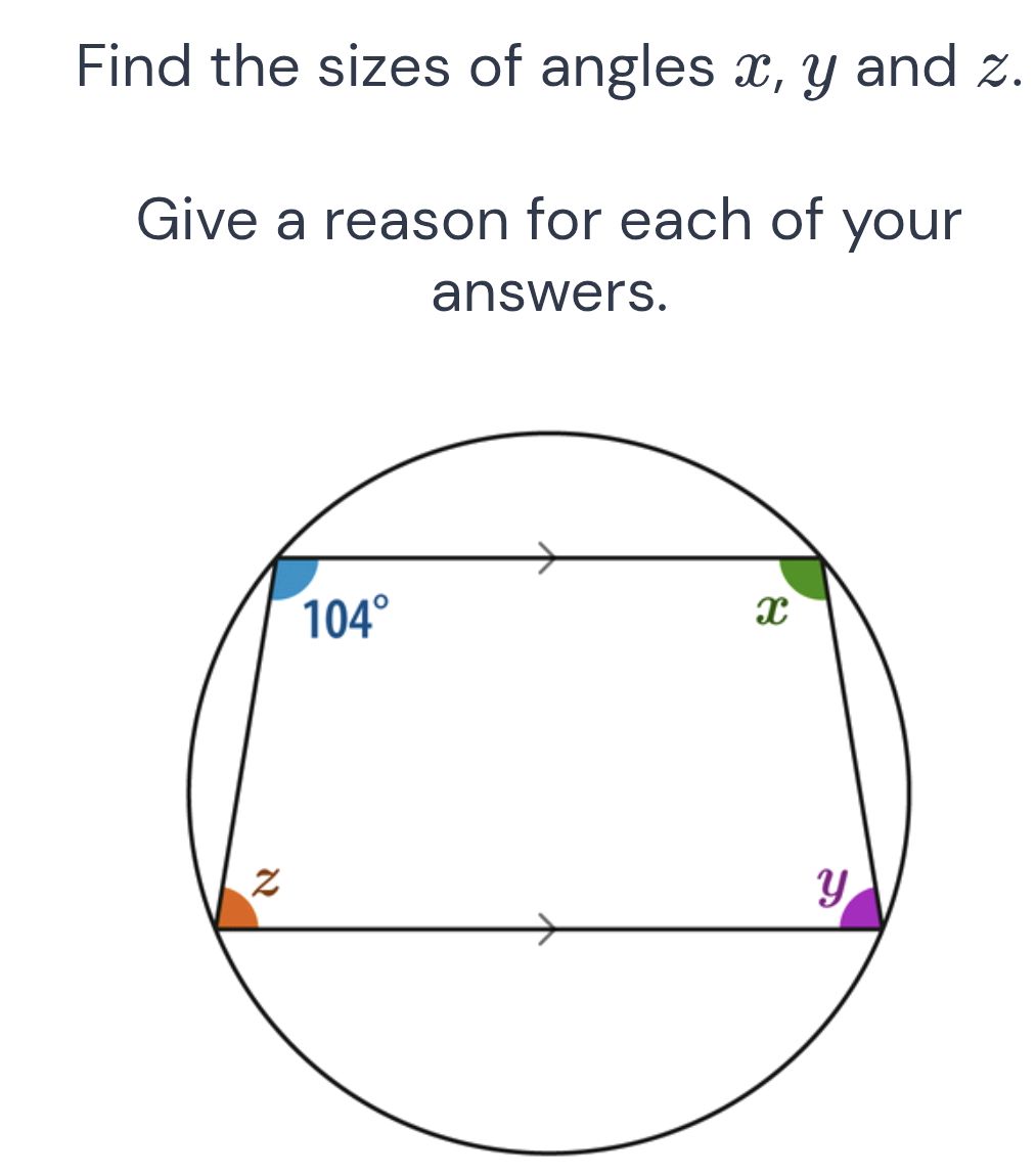 Find the sizes of angles $x$, $y$ and $z$. | StudyX