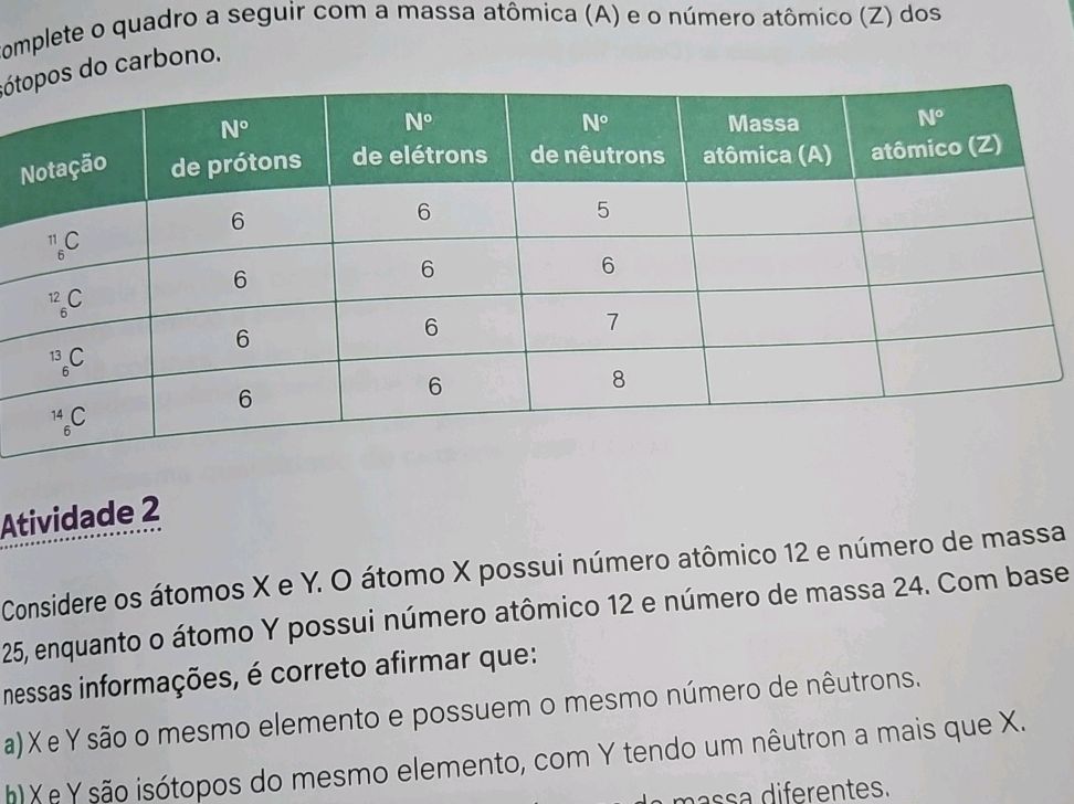 Complete the following table with the atomic | StudyX
