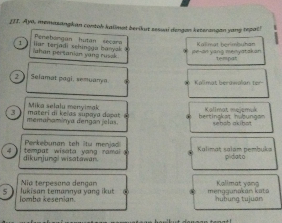 III. Ayo, memasangkan contoh kalimat berikut | StudyX