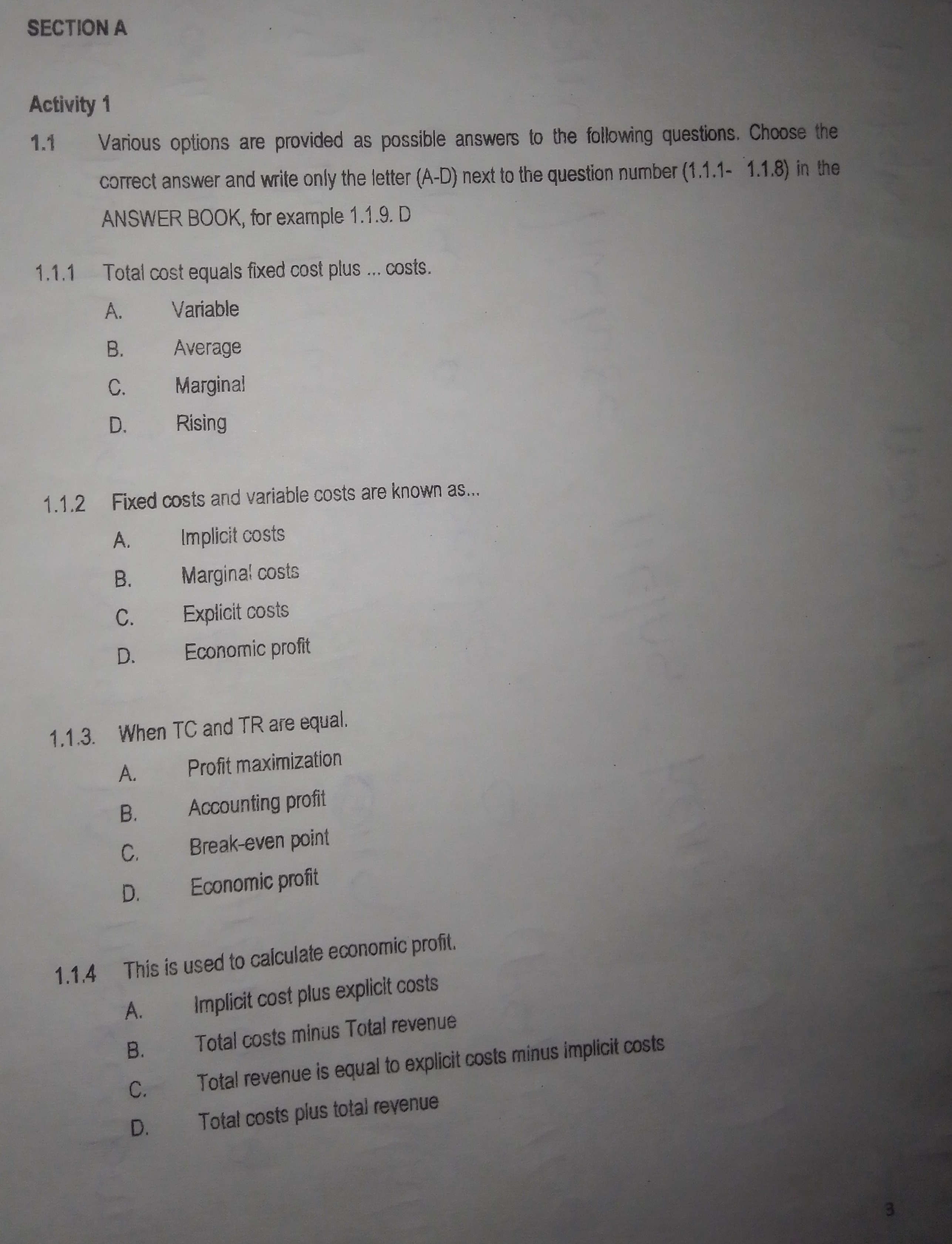 1.1.1 Total cost equals fixed cost plus ... | StudyX
