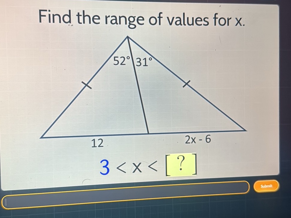 Find the range of values for x. There is a | StudyX
