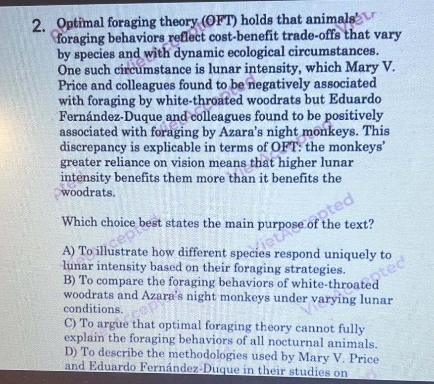 2. Optimal foraging theory (OFT) holds that | StudyX