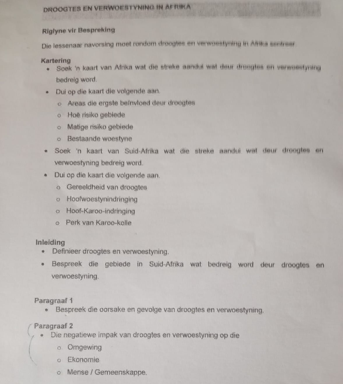 DROOGTES EN VERWOESTYNING IN AFRIKA Riglyne | StudyX
