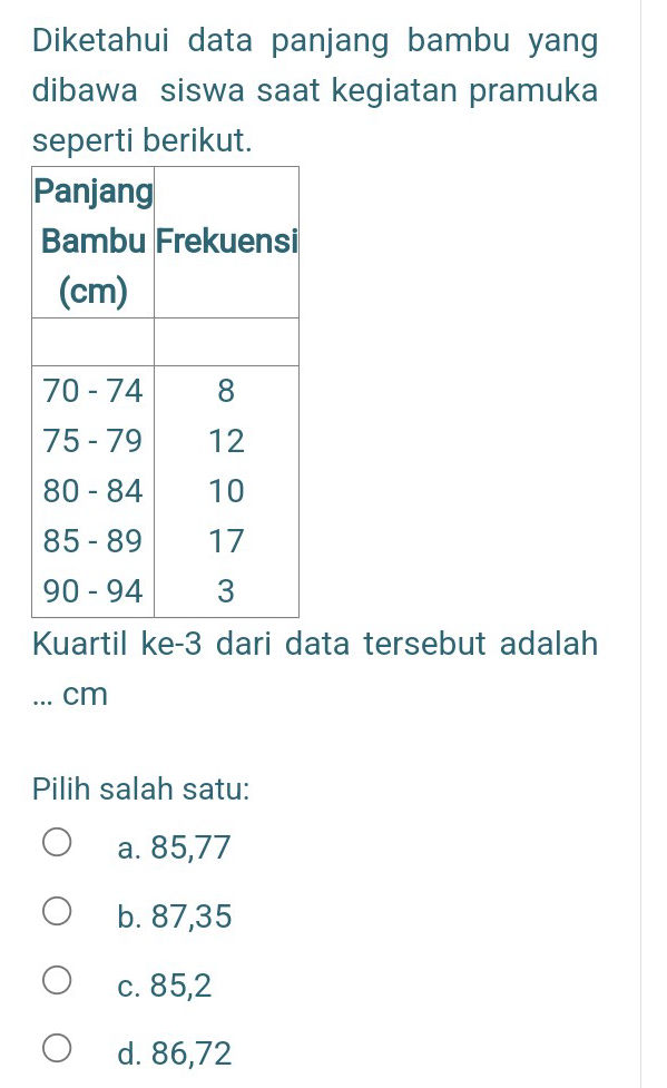 Diketahui data panjang bambu yang dibawa | StudyX