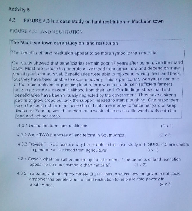 4.3.1 Define the term land restitution. | StudyX