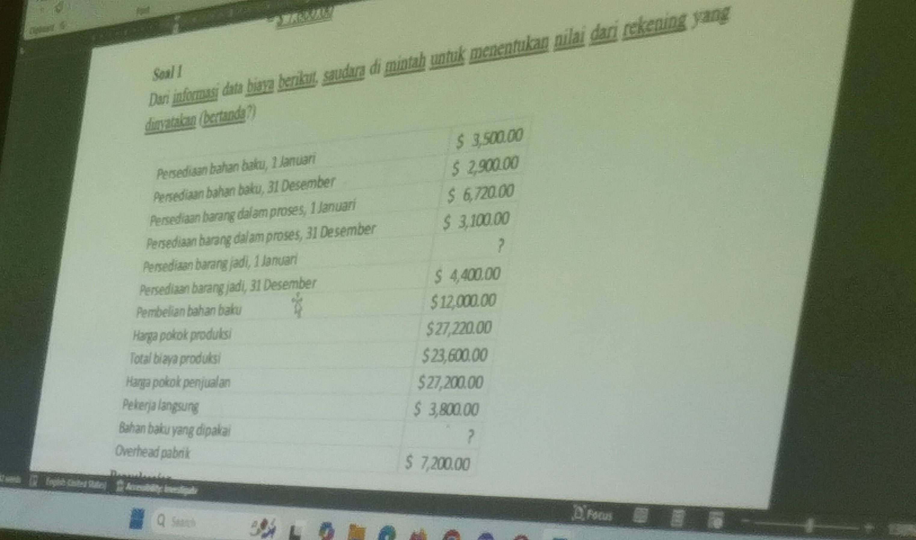 Soal 1 Dari informasi data biaya berikut, | StudyX