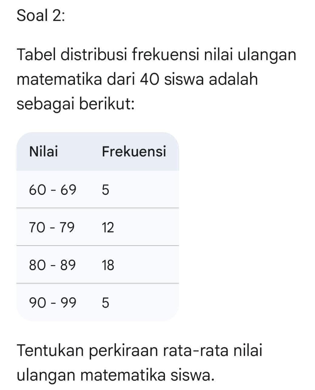 Soal 2: Tabel distribusi frekuensi nilai | StudyX