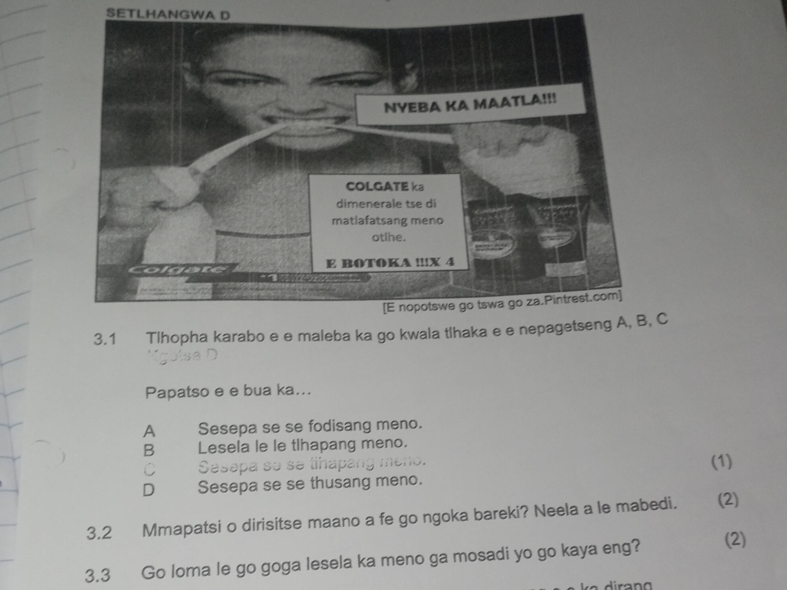 3.1 Tlhopha karabo e e maleba ka go kwala | StudyX