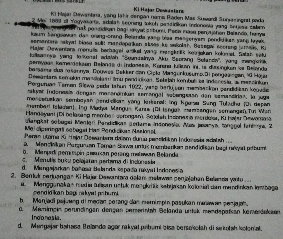 1. Bacalah teks berikut! Ki Hajar Dewantara | StudyX