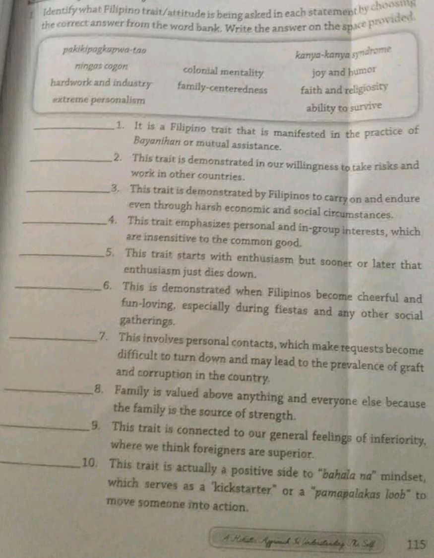 Identify what Filipino trait/attitude is | StudyX