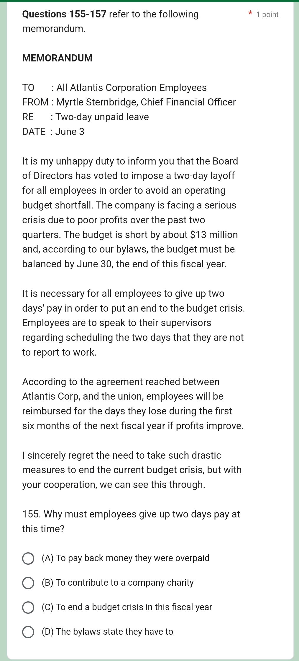 155. Why must employees give up two days pay | StudyX