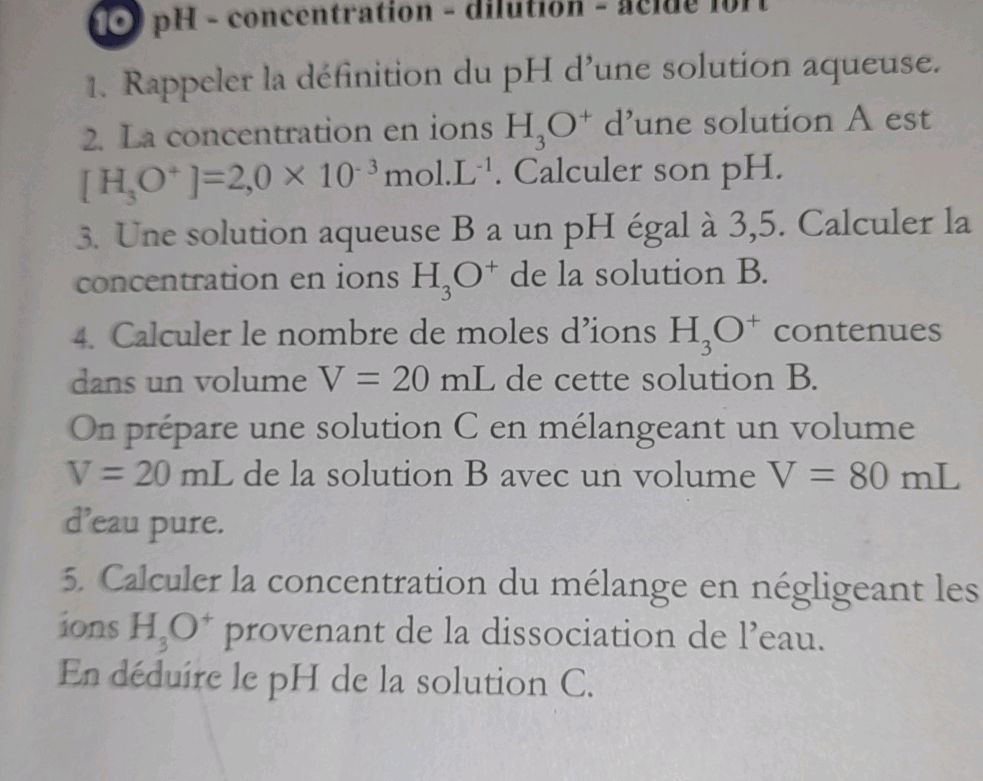 1. Rappeler la définition du pH d'une | StudyX