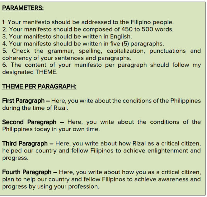 PARAMETERS: 1. Your manifesto should be | StudyX