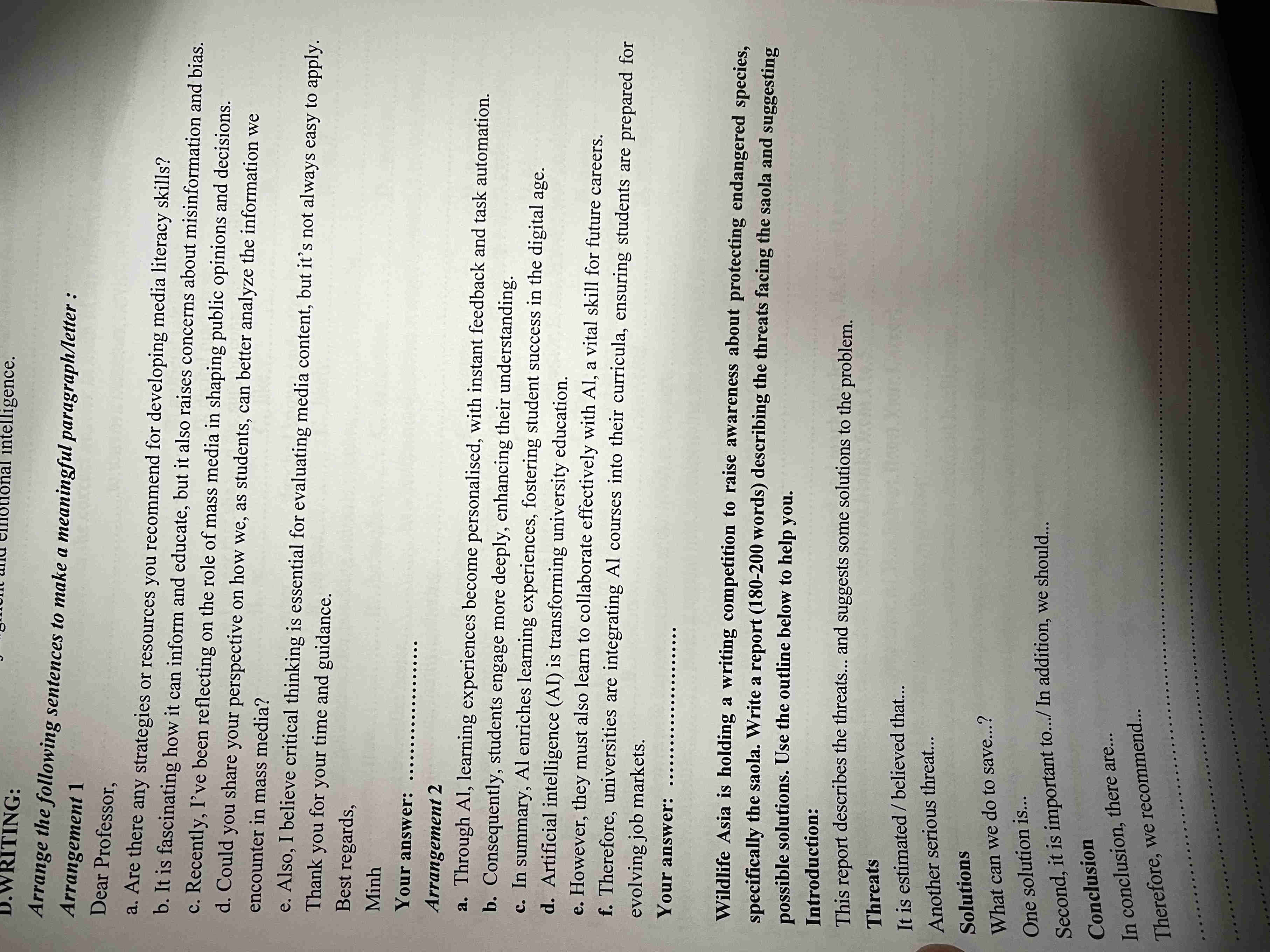 D. WRITING: Arrange the following sentences | StudyX