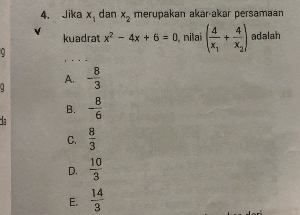 4. Jika $x_1$ dan $x_2$ merupakan akar-akar | StudyX