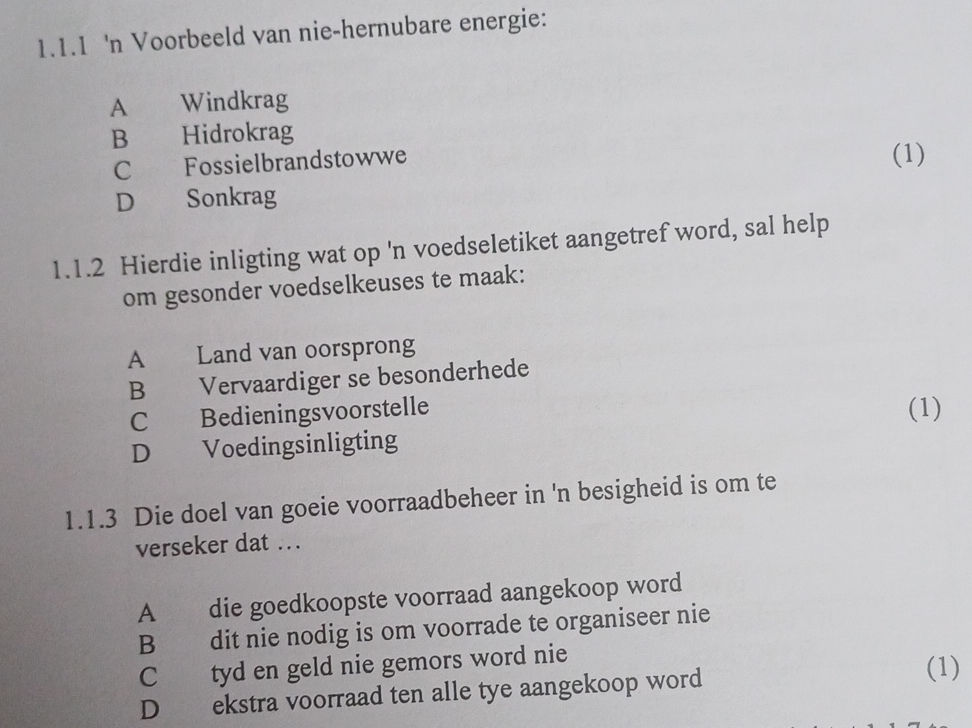 1.1.1 'n Voorbeeld van nie-hernubare | StudyX