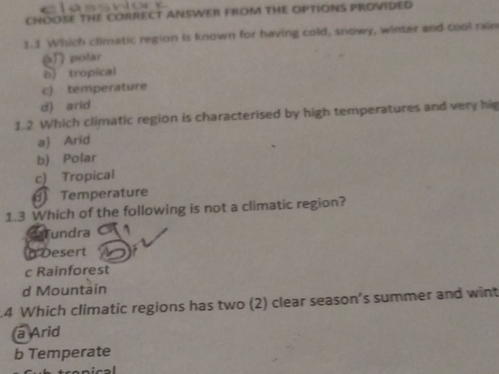 1.1 Which climatic region is known for | StudyX