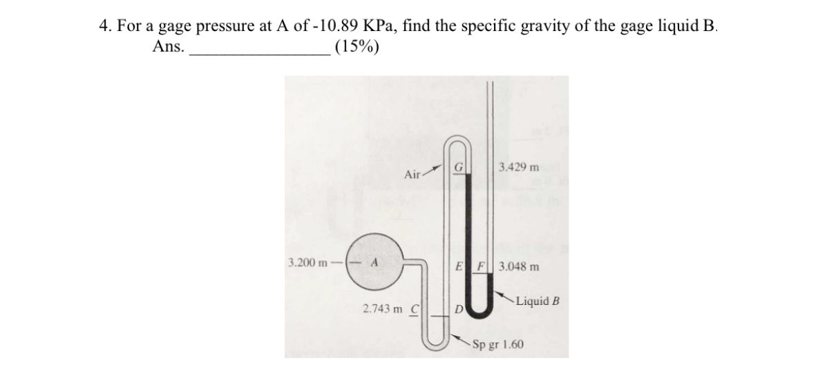 4. For a gage pressure at A of -10.89 KPa, | StudyX