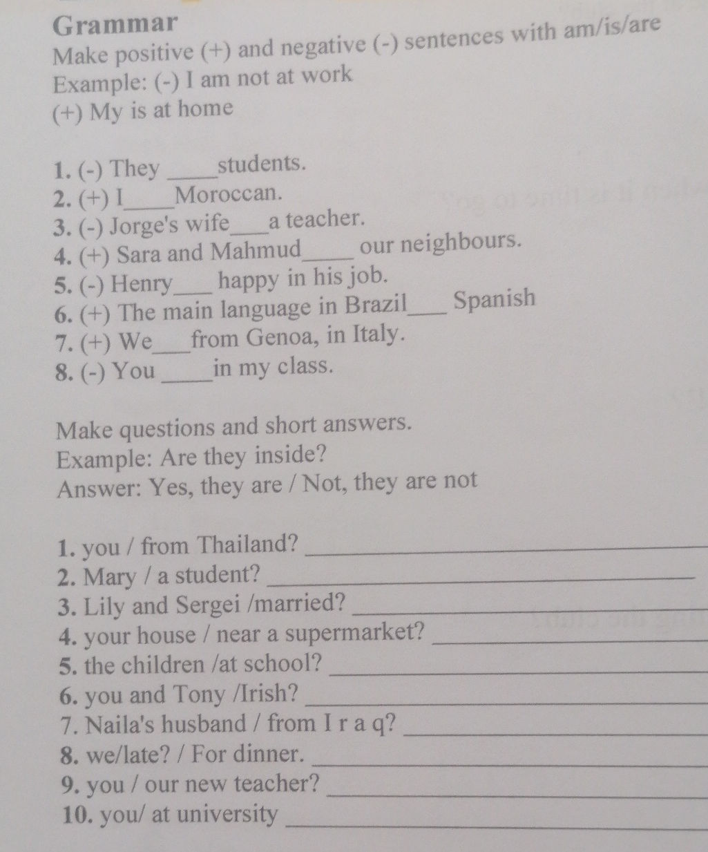 Make positive (+) and negative (-) sentences | StudyX