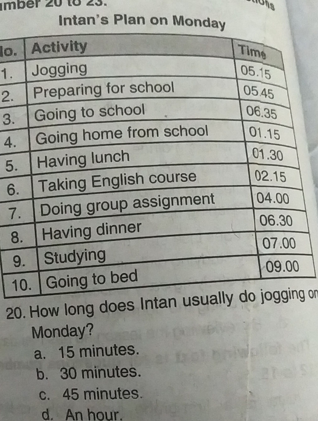 Intan's Plan on Monday | No. | Activity | StudyX