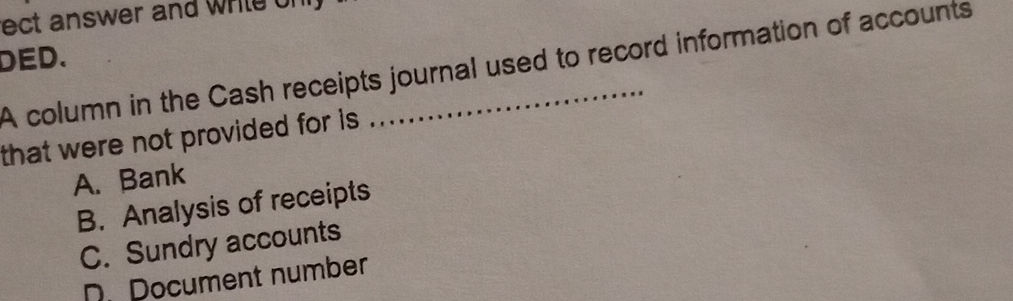 A column in the Cash receipts journal used | StudyX