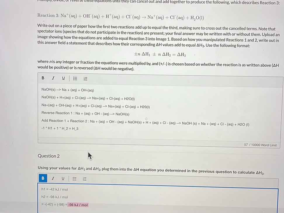 Using your values for ΔH₁ and ΔH₂, plug them | StudyX
