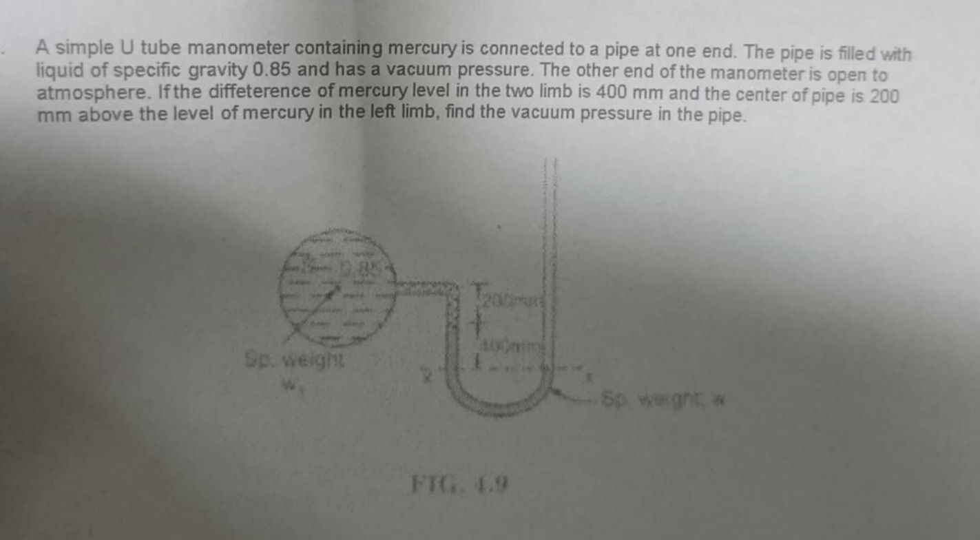 A simple U tube manometer containing mercury | StudyX