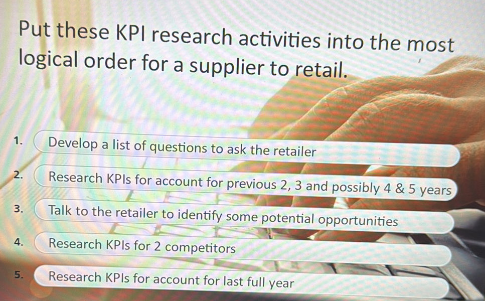 Put these KPI research activities into the | StudyX
