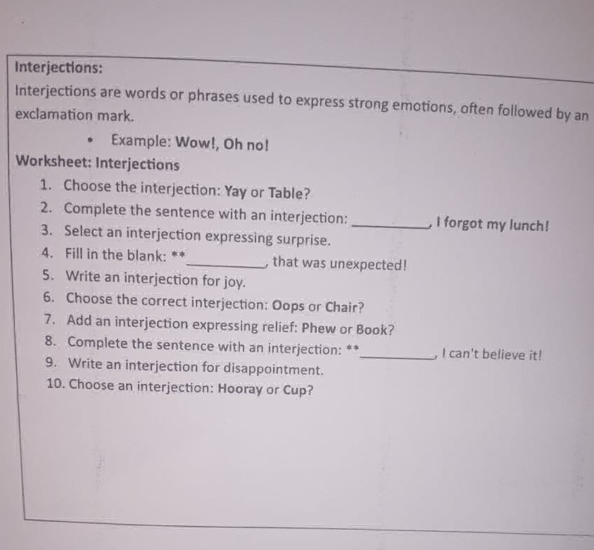 1. Choose the interjection: Yay or Table? 2. | StudyX